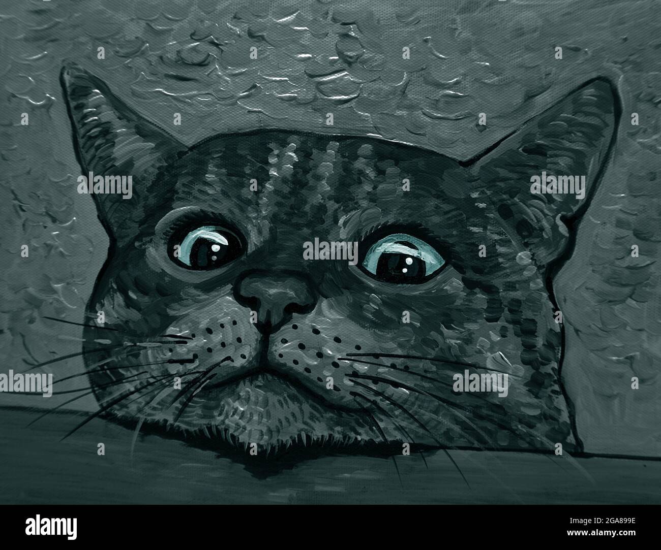 Art painting Fine art Oil color cute cat in the dark blue , monochrome ...