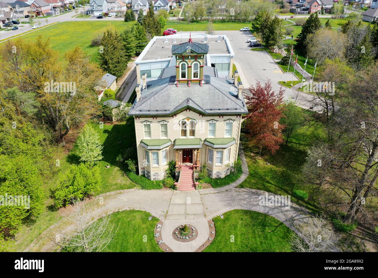 An aerial of Castle Kilbride, a historic home in Baden, Ontario, Canada ...