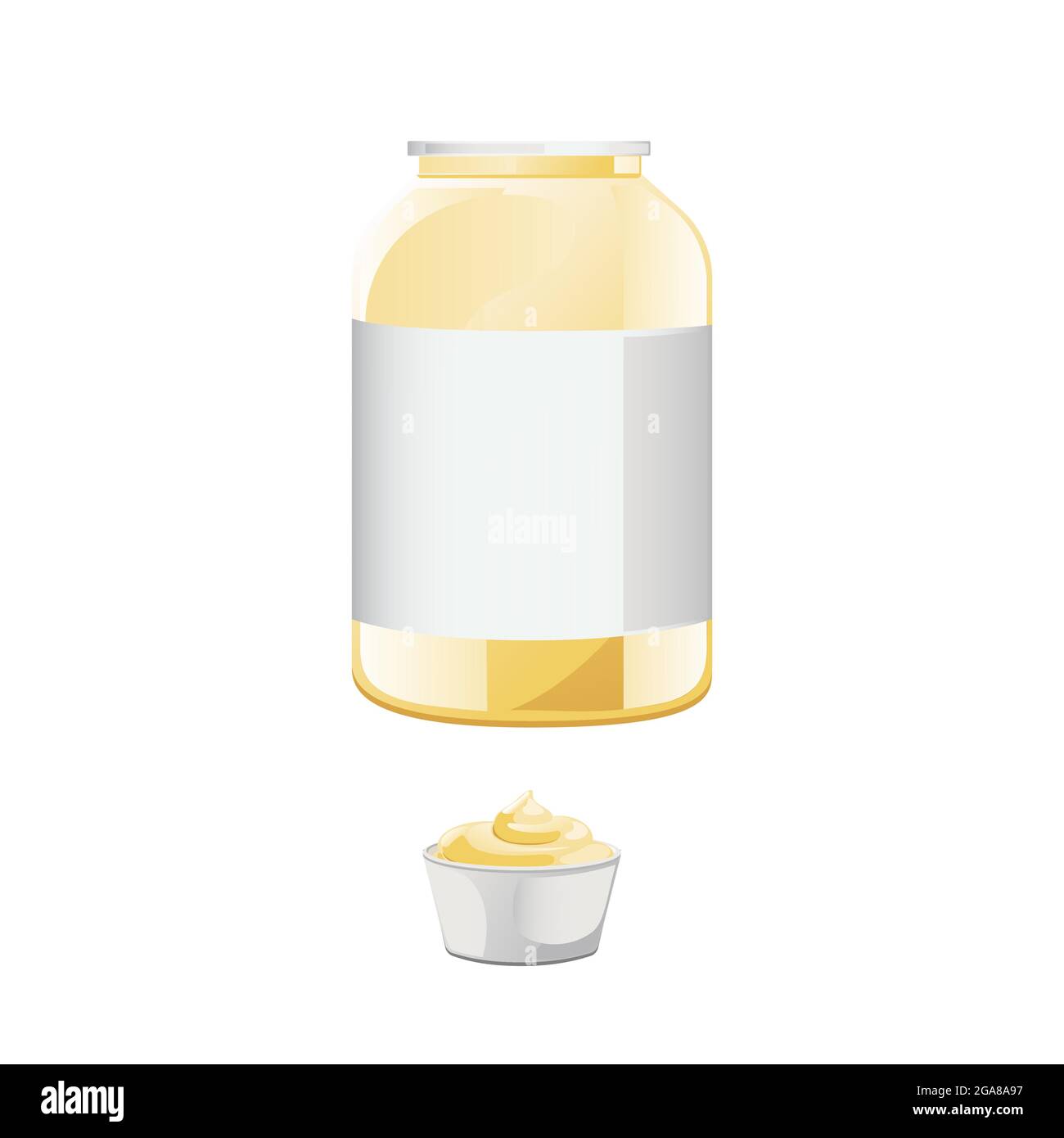 Mayonnaise in glass bottle with ceramic bowl. Jar with white sauce ...
