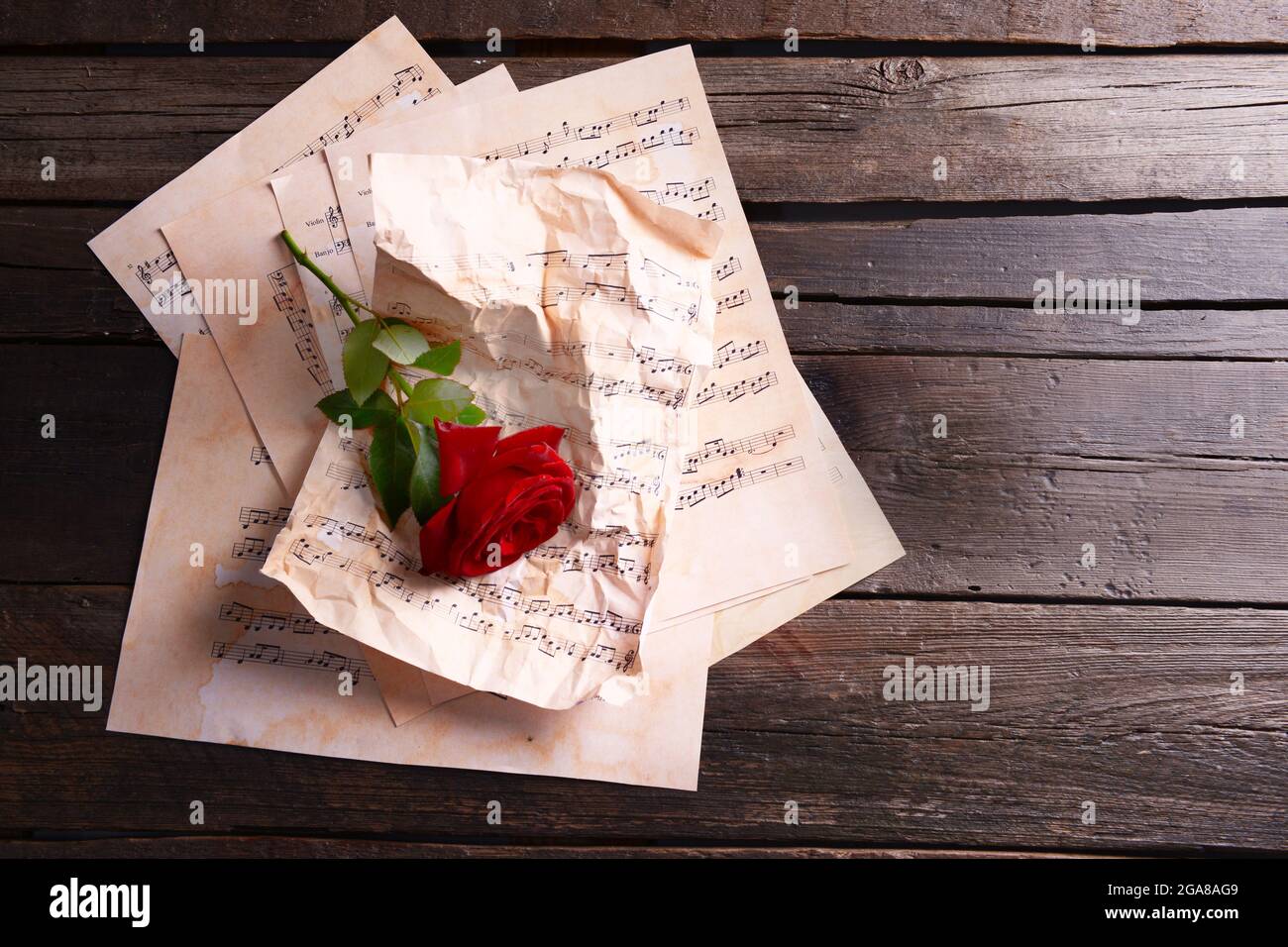 Beautiful rose on crumpled music sheets on wooden background Stock ...