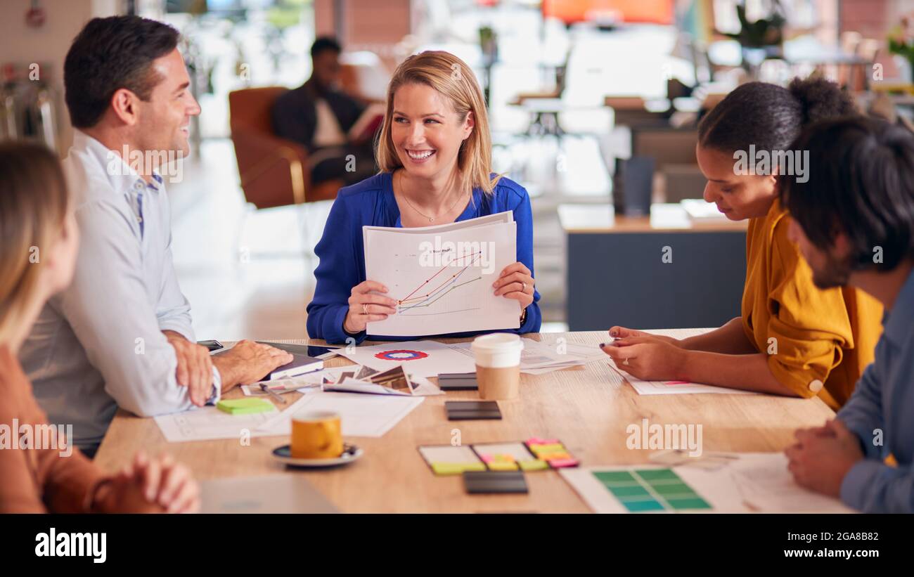 Businesswoman Giving Presentation To Colleagues Sitting Around Table In ...