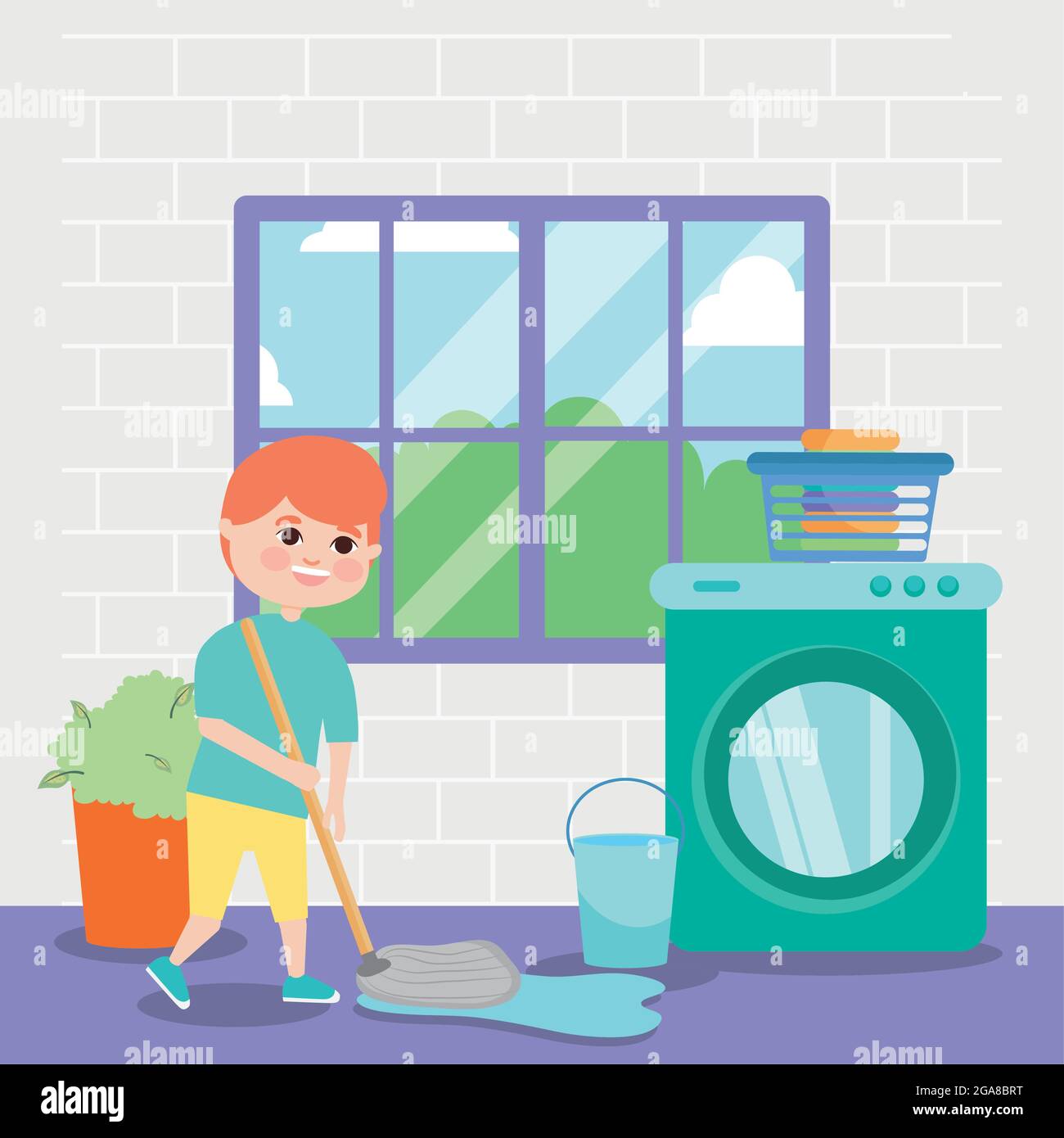 boy mopping and cleaning supplies in front of window Stock Vector Image ...