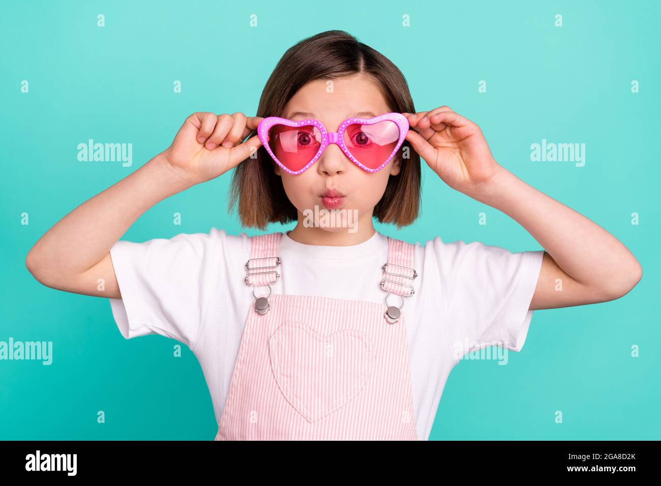 Photo of pretty cute schoolgirl dressed pink overall arms eyewear big ...