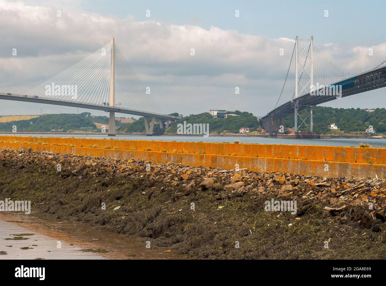 Queensferry Crossing and the Forth Road Bridge looking over to Fife ...