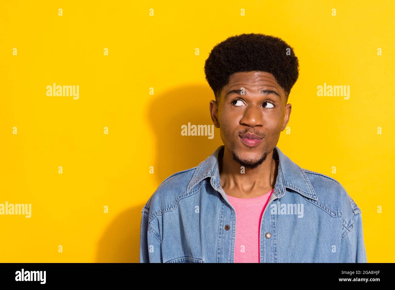 Photo of tricky funny dark skin man wear jeans shirt smiling looking ...