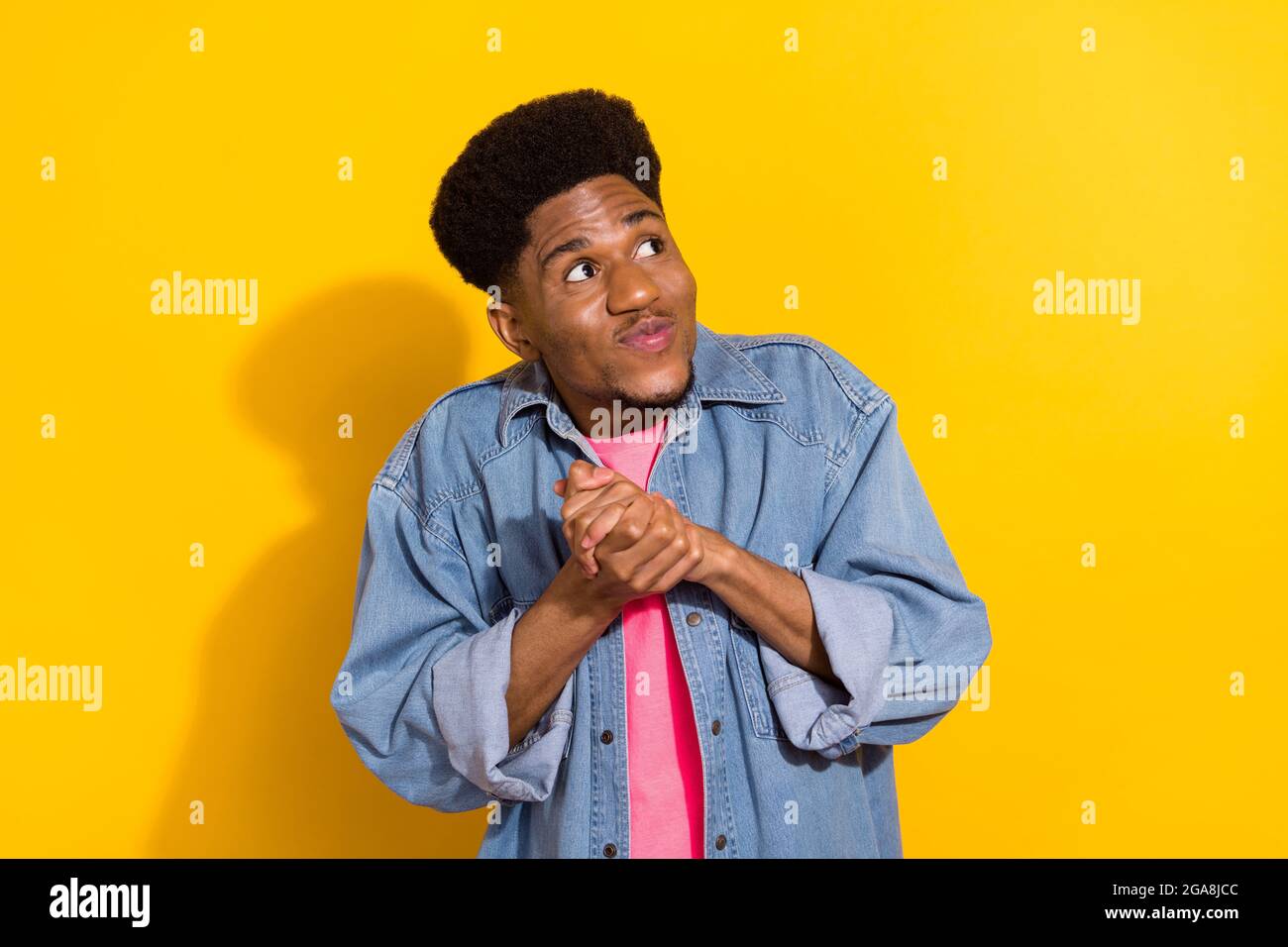 Photo of young funky afro american man look empty space plan think idea ...