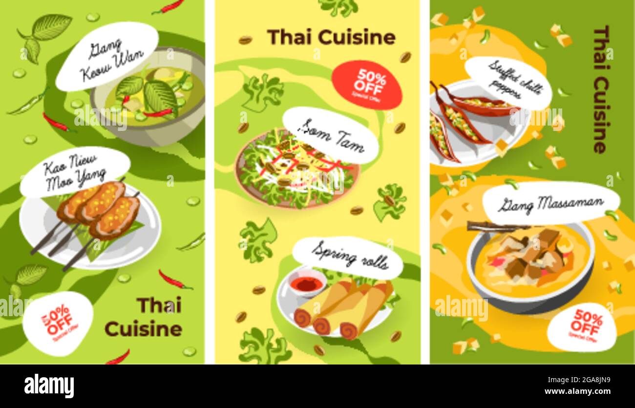 Thai cuisine, exotic Asian food menu with names Stock Vector Image ...