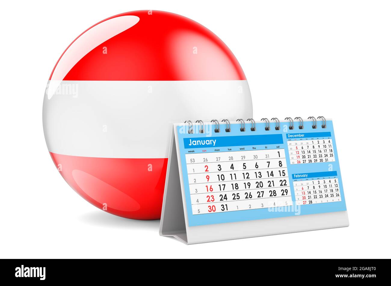 Desk calendar with Austrian flag. 3D rendering isolated on white ...