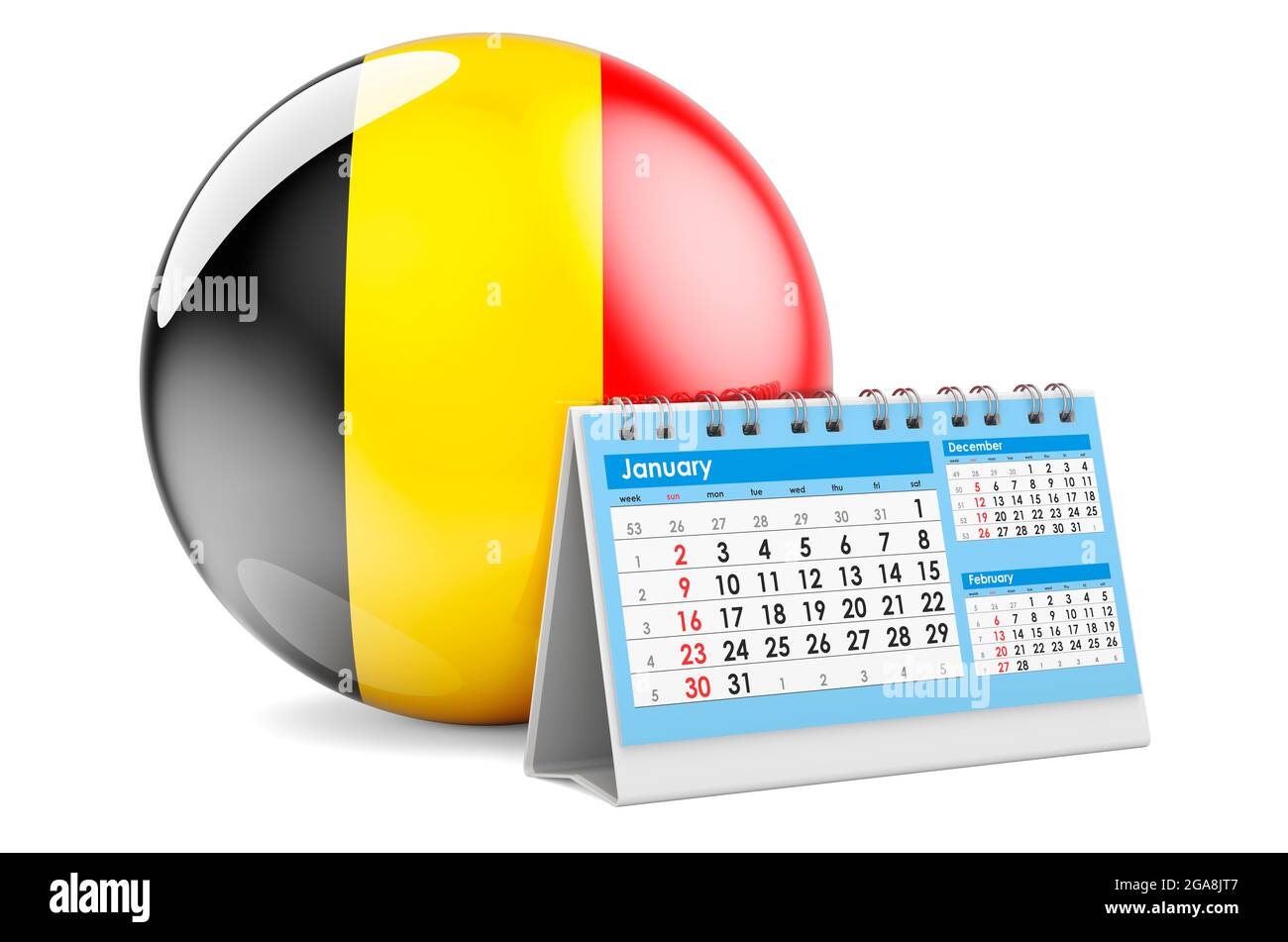 Desk calendar with Belgian flag. 3D rendering isolated on white ...