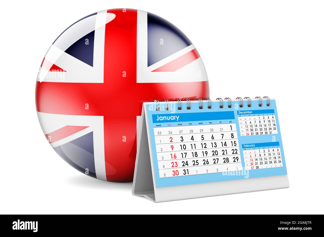 Desk calendar with British flag. 3D rendering isolated on white ...