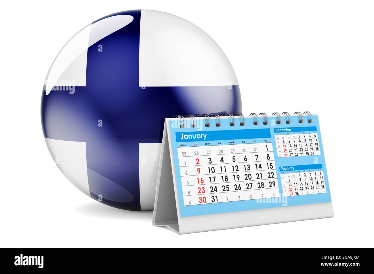 Desk calendar with Finnish flag. 3D rendering isolated on white ...