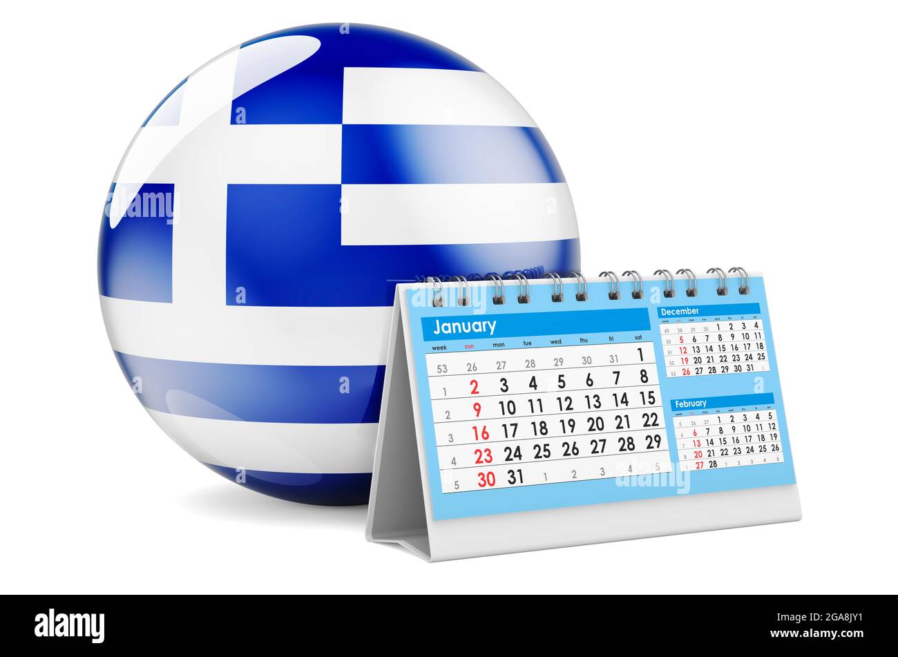 Desk calendar with Greek flag. 3D rendering isolated on white ...