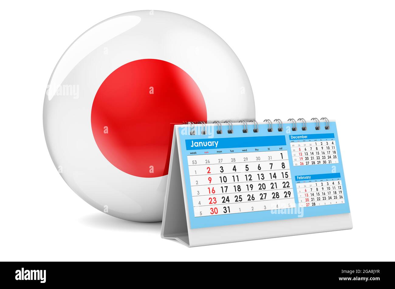 Desk calendar with Japanese flag. 3D rendering isolated on white ...