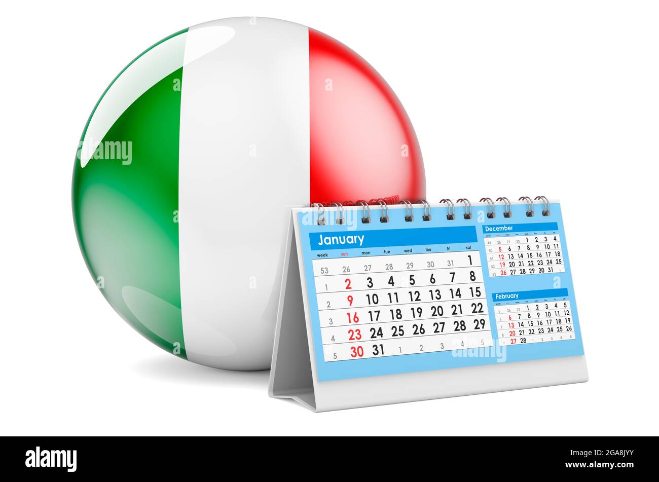 Desk calendar with Italian flag. 3D rendering isolated on white ...