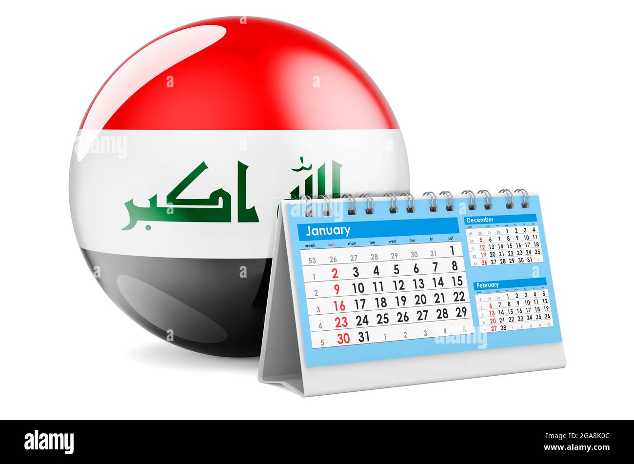 Desk calendar with Iraqi flag. 3D rendering isolated on white ...