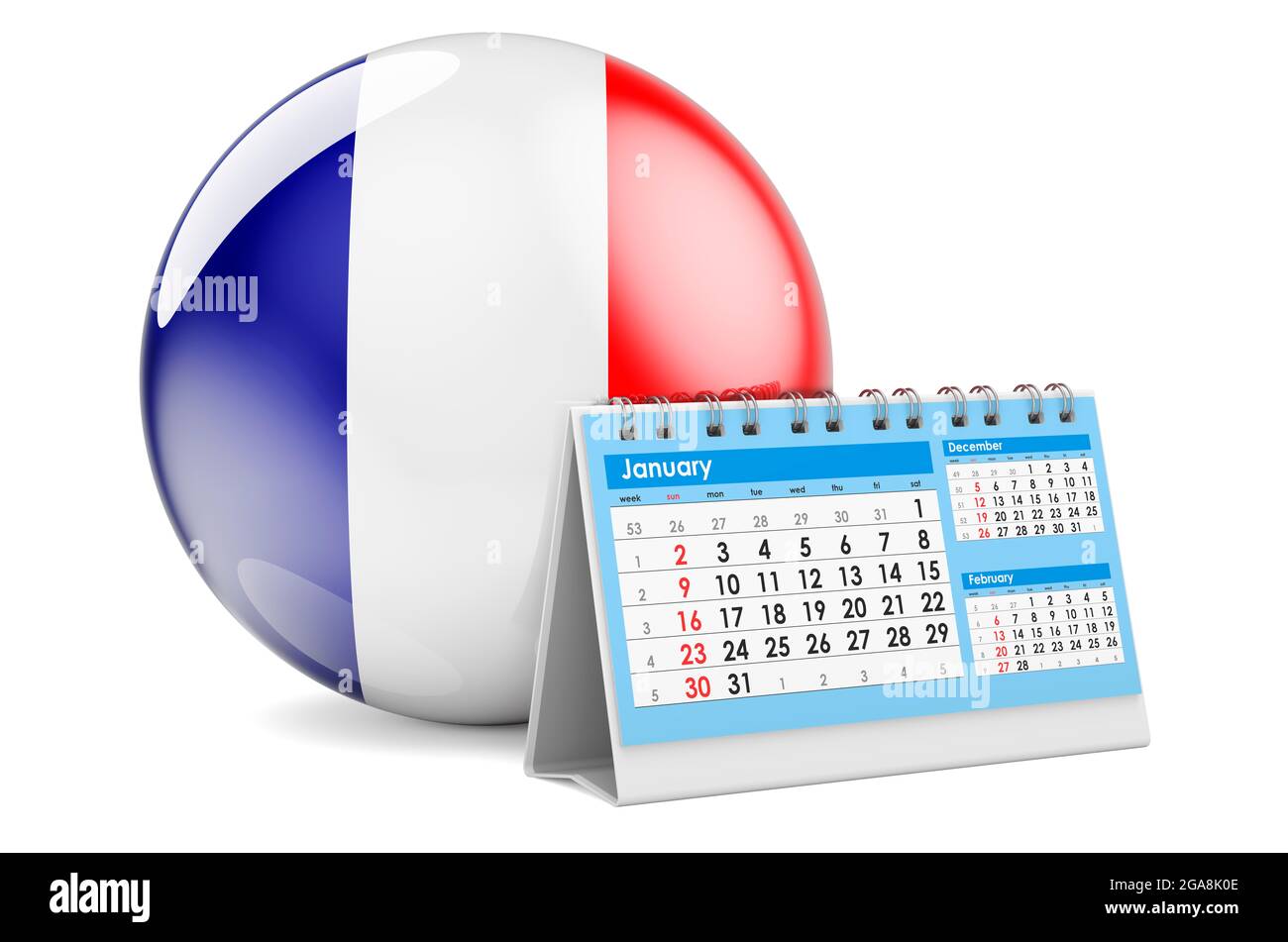 Desk calendar with French flag. 3D rendering isolated on white ...