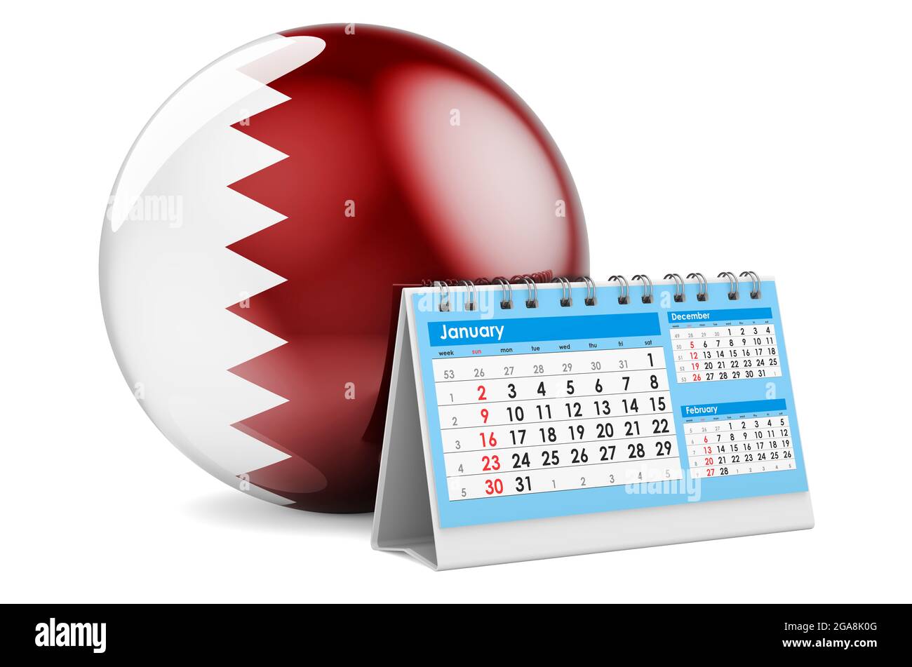 Desk calendar with Qatari flag. 3D rendering isolated on white ...