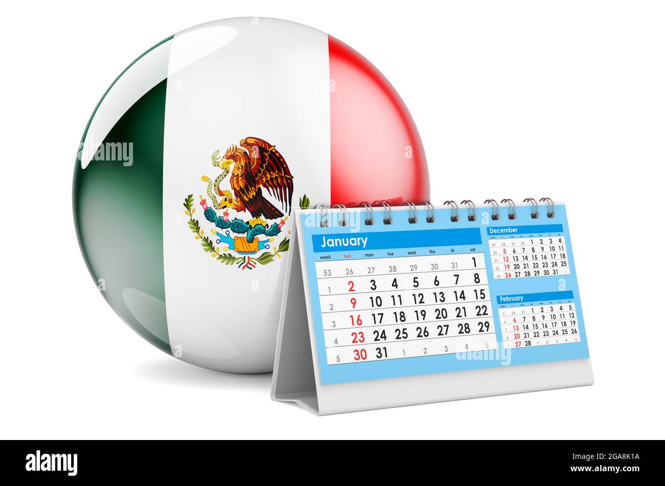 Desk calendar with Mexican flag. 3D rendering isolated on white ...