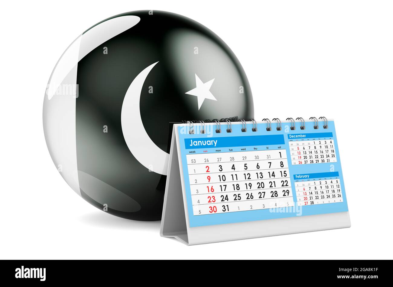 Desk calendar with Pakistani flag. 3D rendering isolated on white ...
