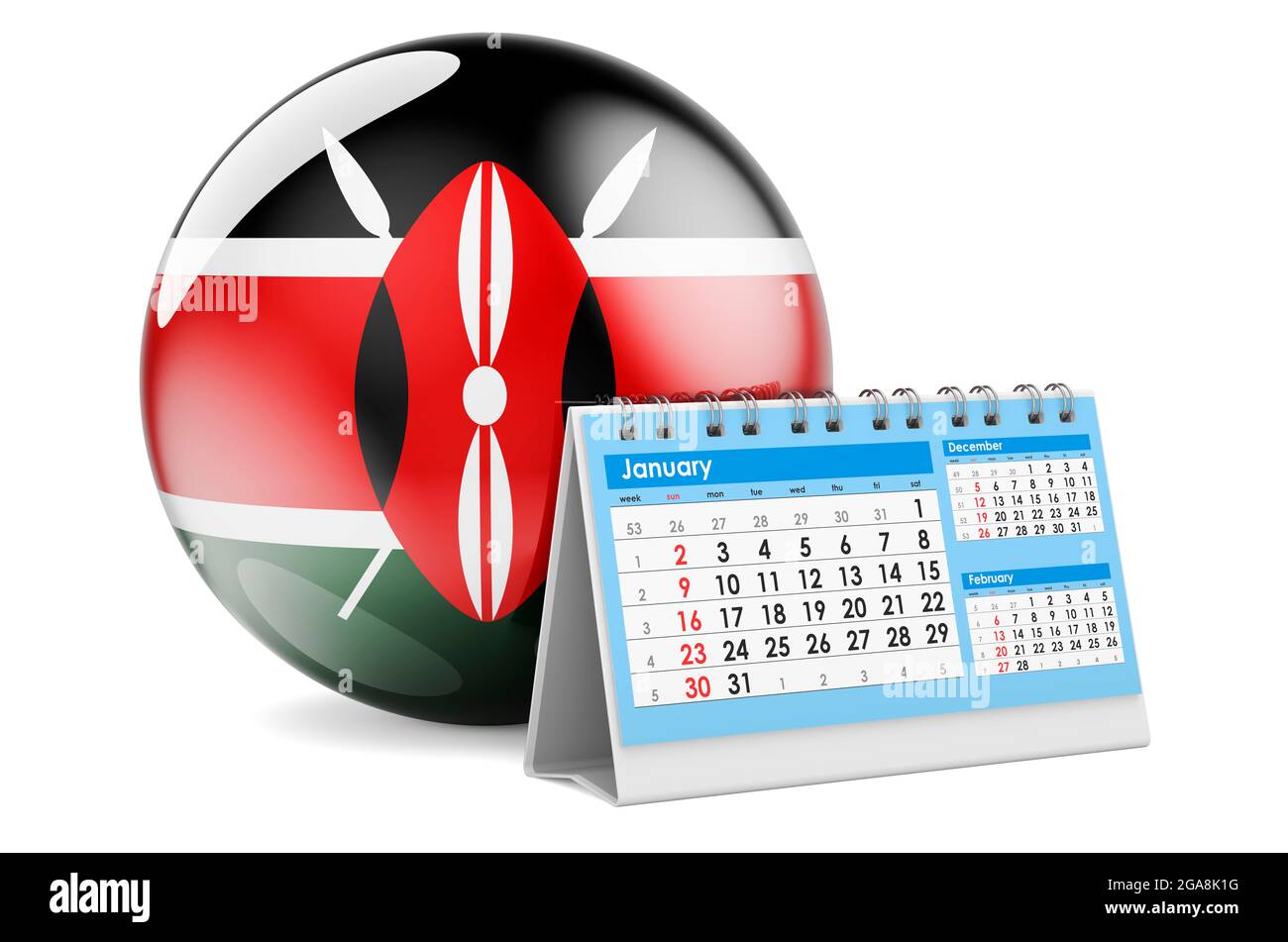 Desk calendar with Kenyan flag. 3D rendering isolated on white ...