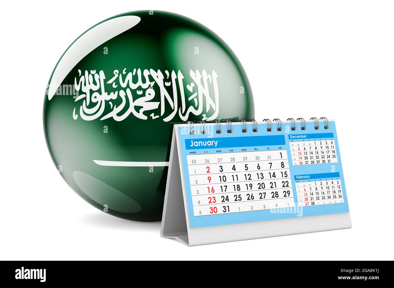 Desk calendar with Saudi Arabian flag. 3D rendering isolated on white ...