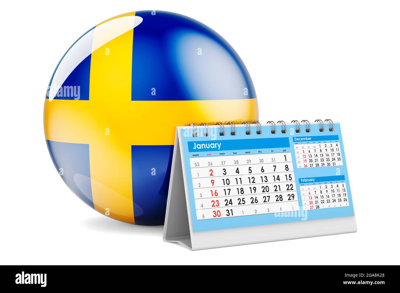 Desk calendar with Swedish flag. 3D rendering isolated on white ...