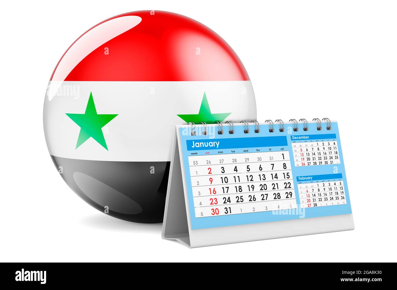 Desk calendar with Syrian flag. 3D rendering isolated on white ...
