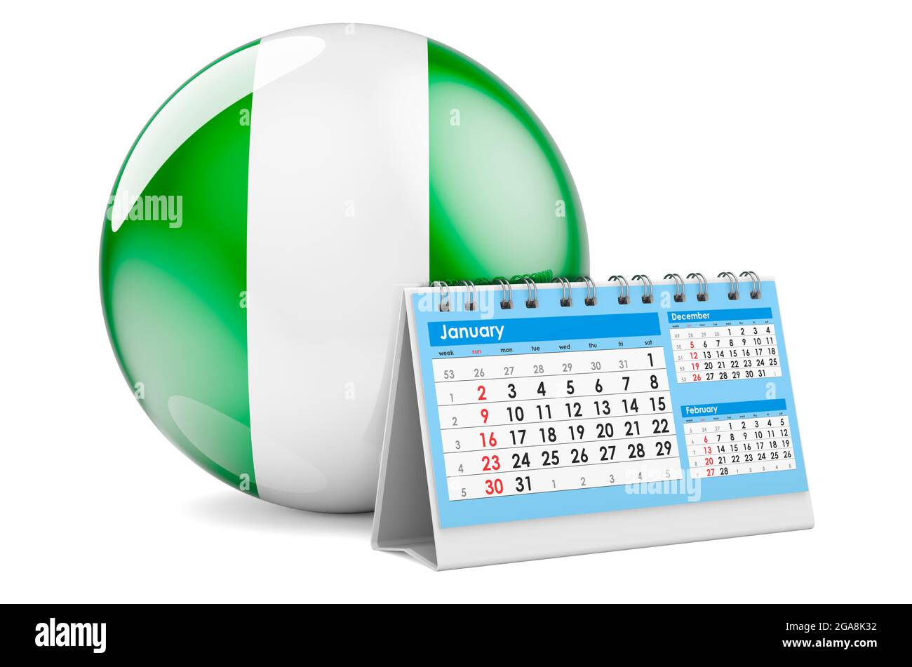 Desk calendar with Nigerian flag. 3D rendering isolated on white ...