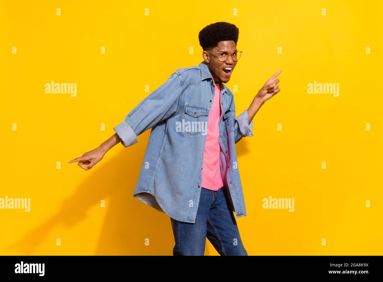 Photo of young funky afro american cheerful man dance good mood smile ...