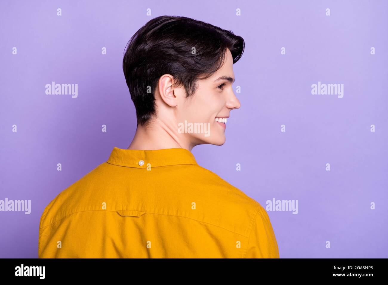 Profile photo of funny brunet millennial guy look empty space wear ...