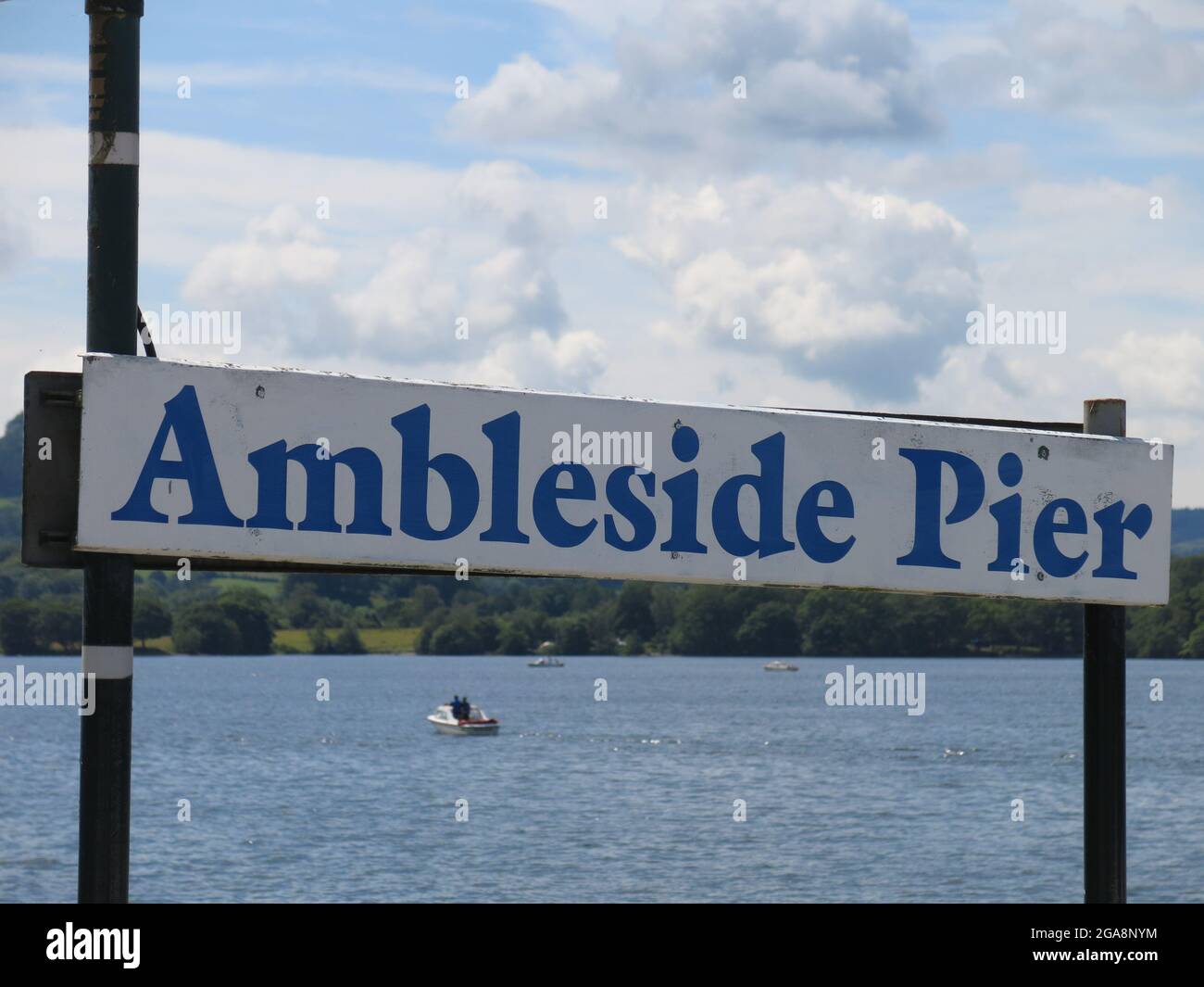 Large sign "Ambleside Pier" on the jetty when you disembark from the ...
