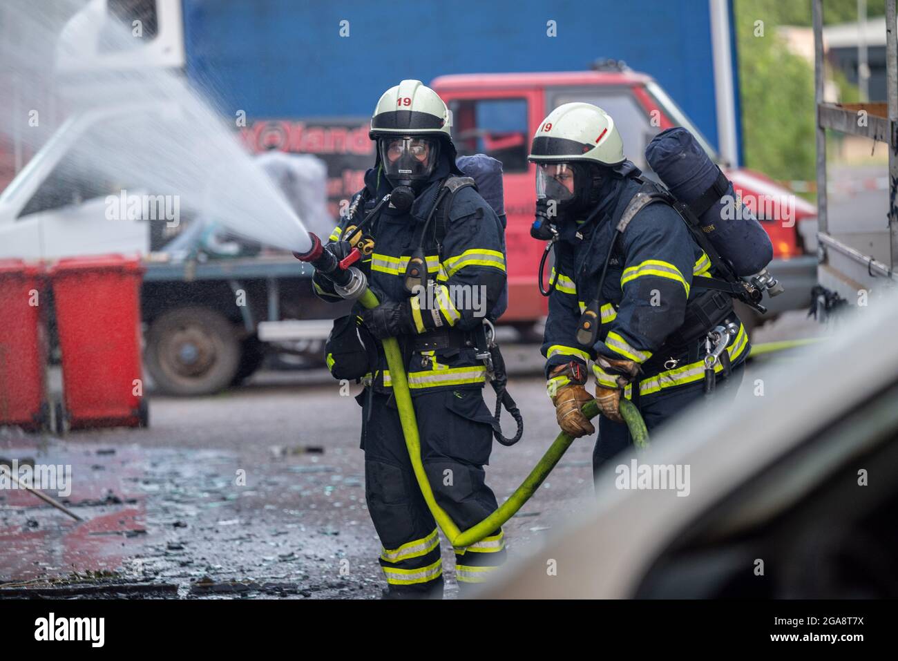 Trier, Germany. 29th July, 2021. Firefighters are busy extinguishing a ...