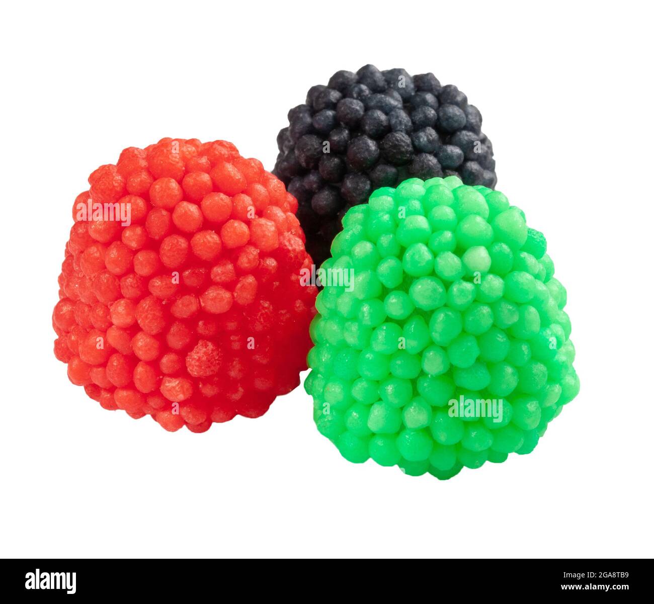 Three raspberry shaped colorful gummy candies isolated on white Stock ...