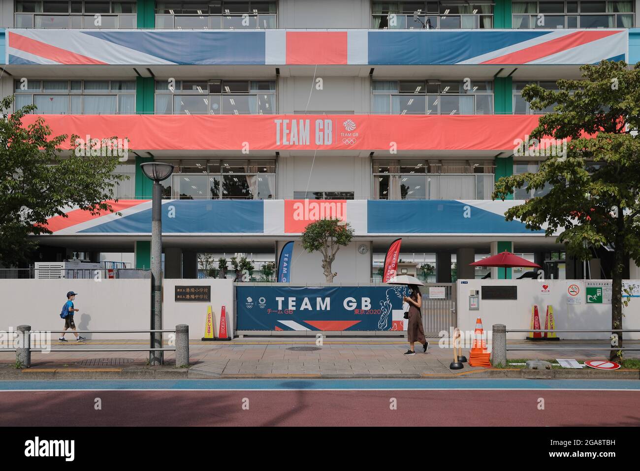 Building covered with the Union Jack of the British Olympic Team in ...