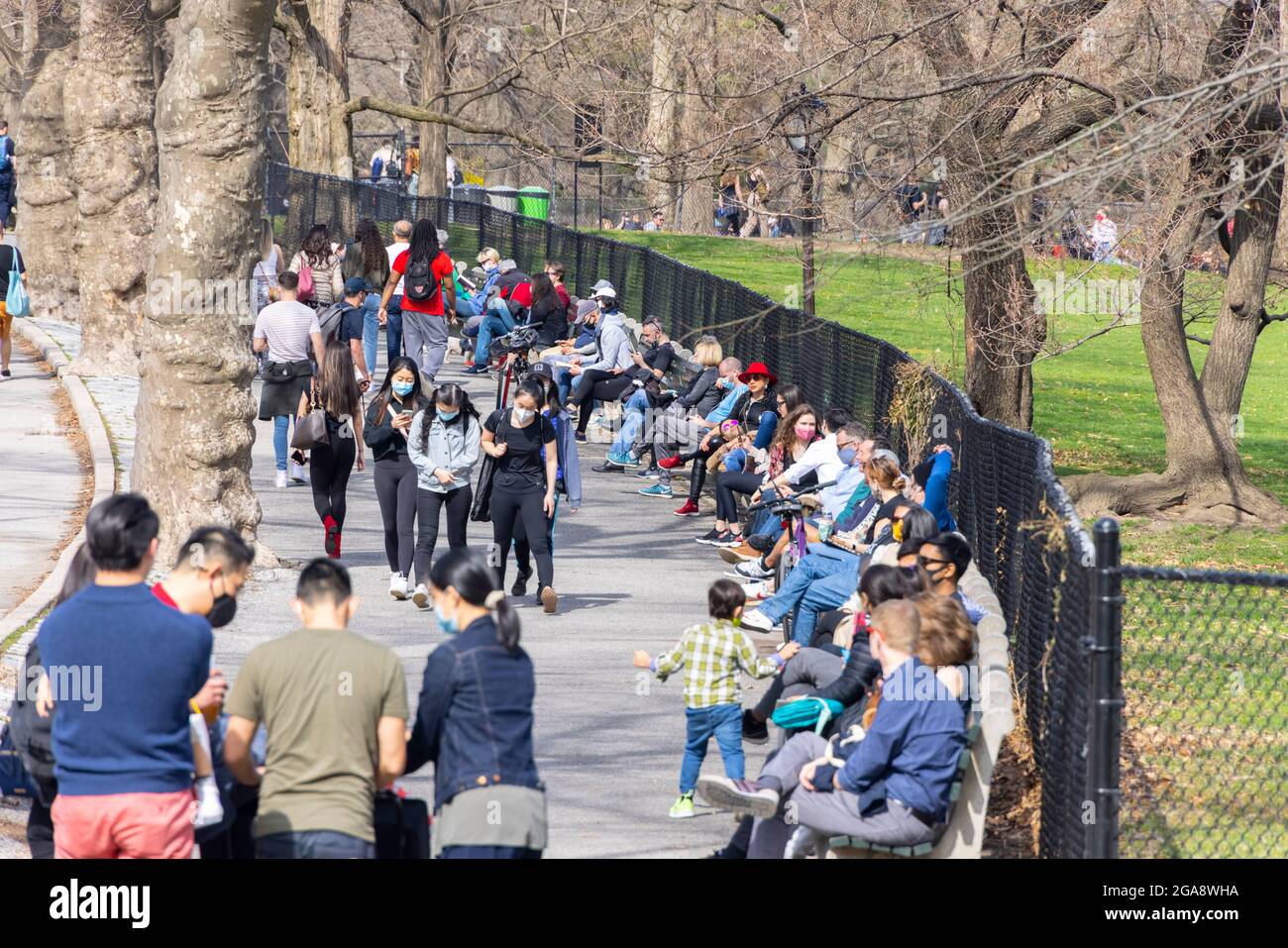 A crowd of people walks down the footpath and sit down on the park ...