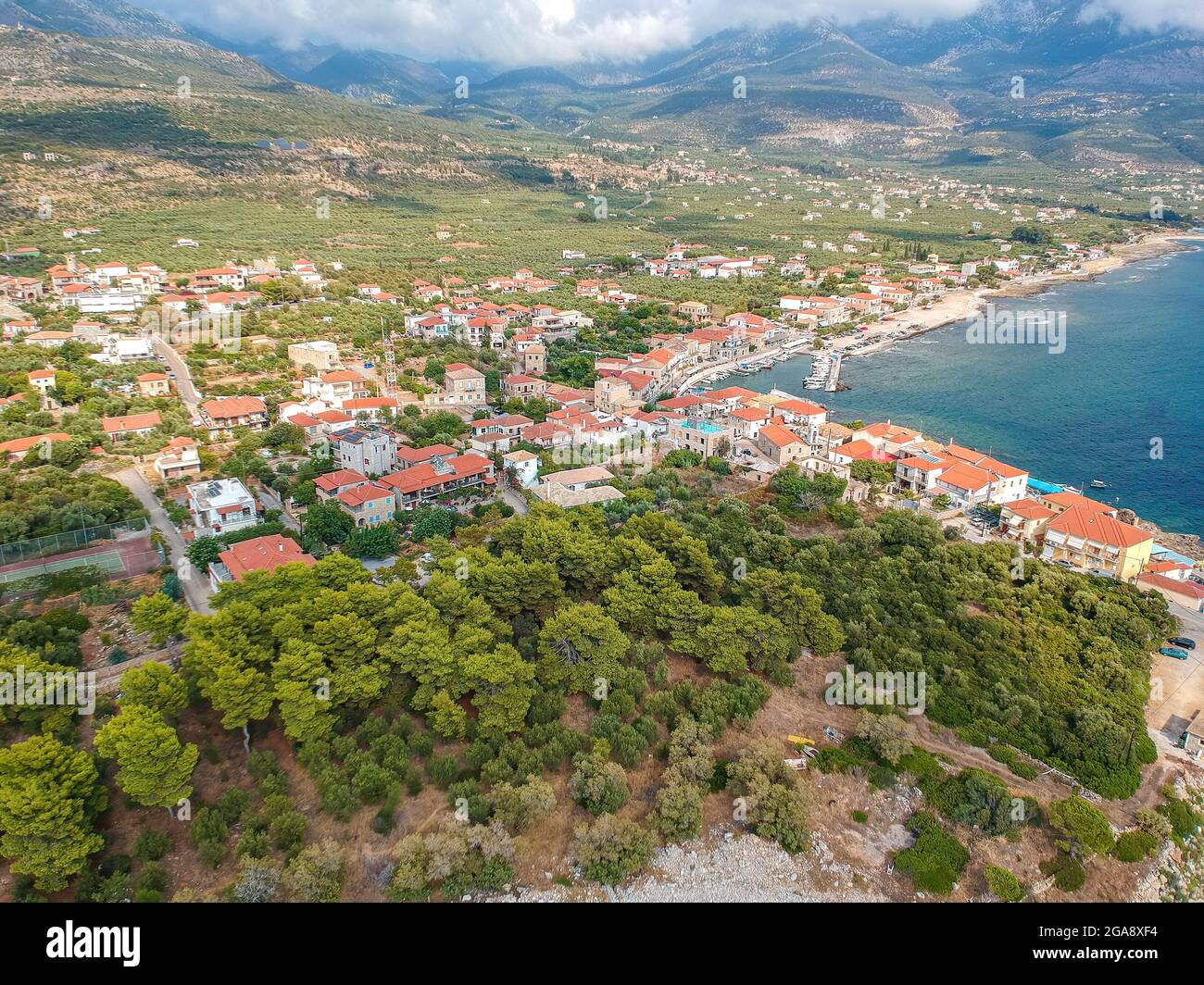 Aerial panoramic view of the picturesque seaside village Agios Nikolaos ...