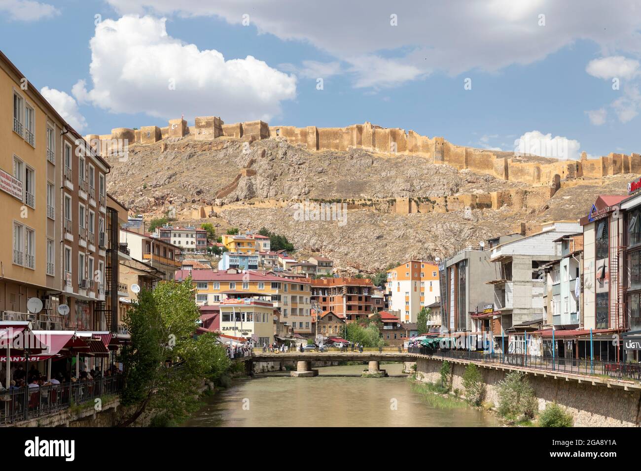 In the city center of Bayburt, the flowing Çoruh river and the view of ...