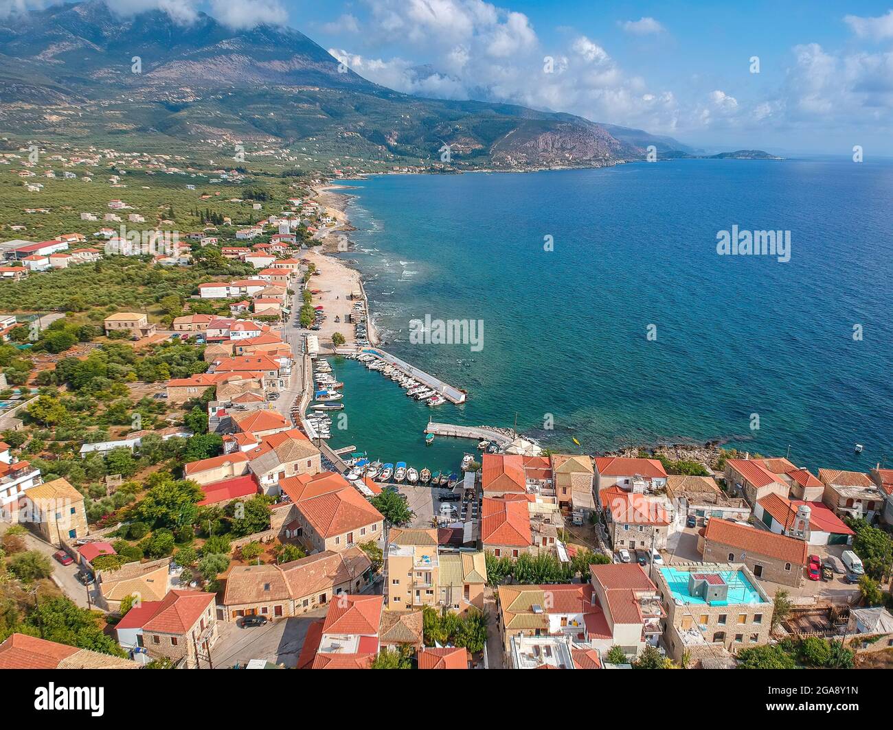 Aerial panoramic view of the picturesque seaside village Agios Nikolaos ...