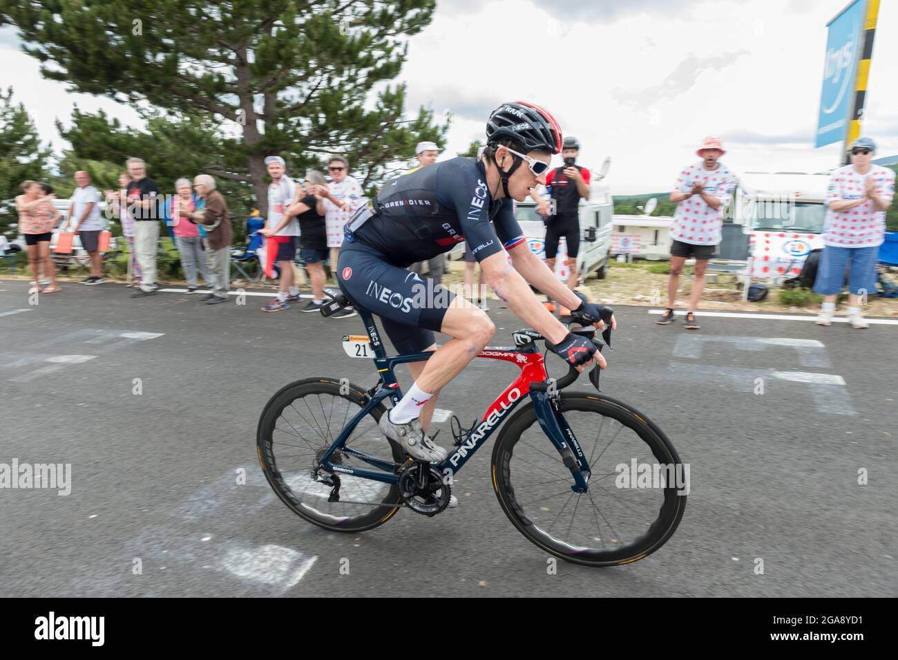 Geraint Thomas in action during the climb of Mont-Ventoux in Tour de, France. , . takes place ...