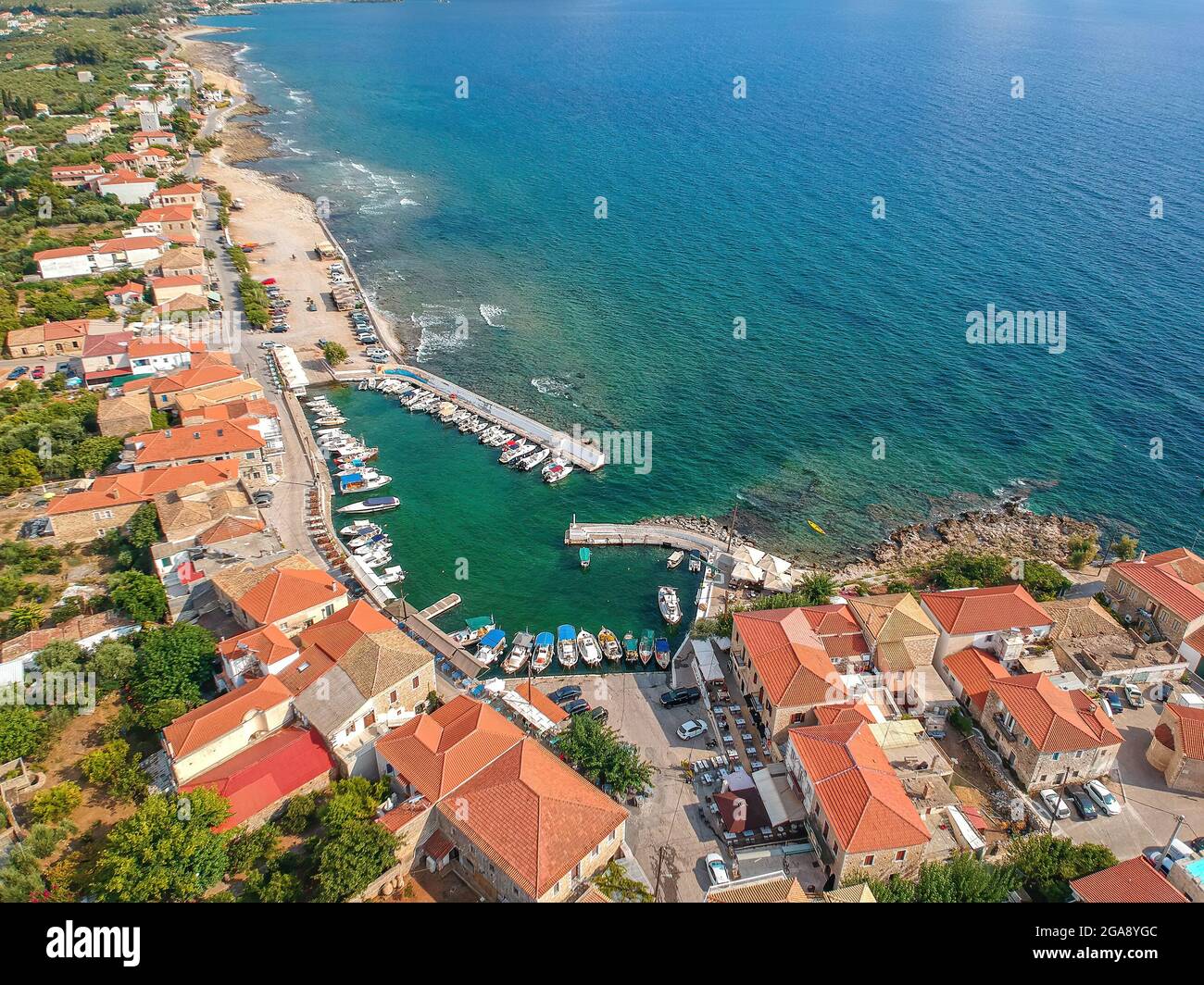 Aerial panoramic view of the picturesque seaside village Agios Nikolaos ...