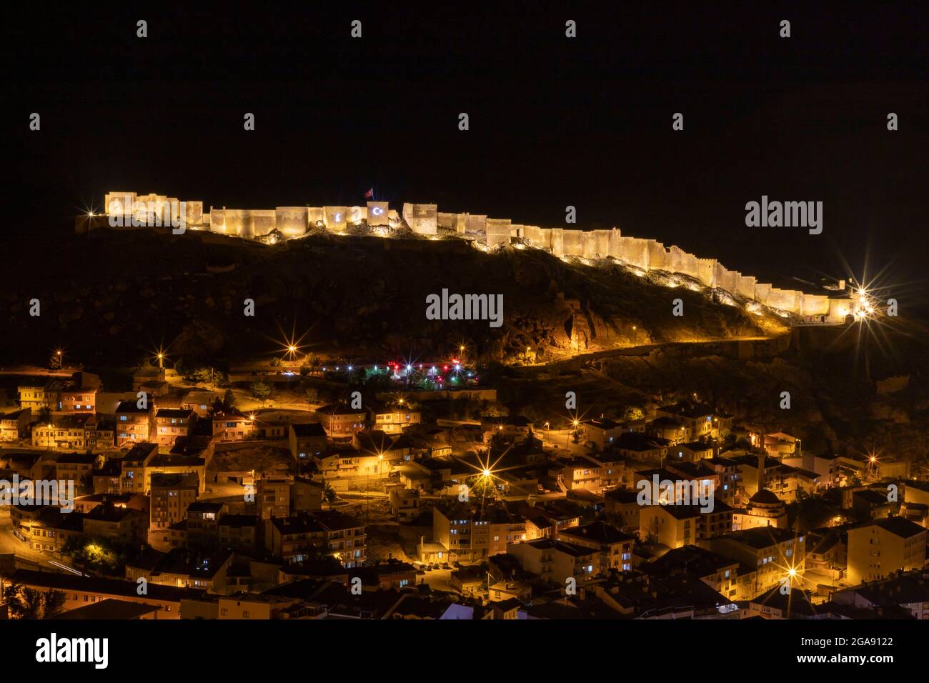 Illuminated historical Bayburt castle in night view Stock Photo - Alamy