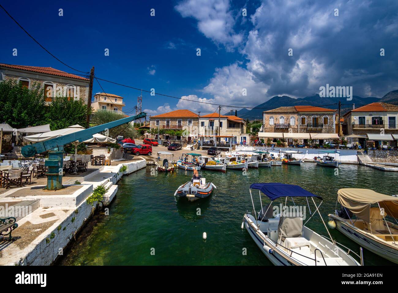The picturesque seaside village of Agios Nikolaos in Mani, Messinia ...