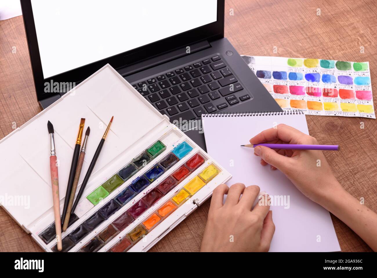 Online drawing class cover concept with laptop, sheet of paper, paints ...