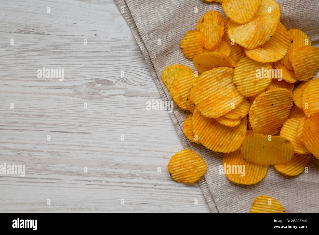 Ruffled Cheese Potato Chips, top view. Flat lay, overhead, from above ...