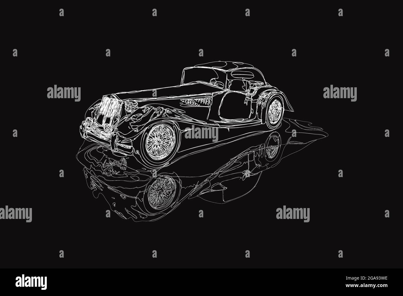 Illustration of a vintage hot-rod car sketch in white line work on a ...