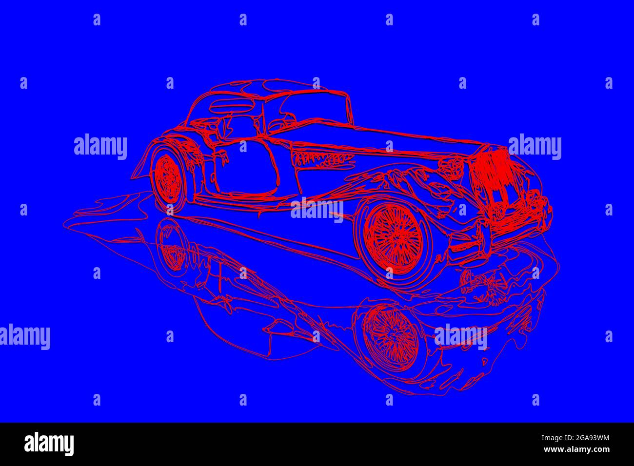 Vintage hot-rod car sketch in red line work on a neon blue background ...