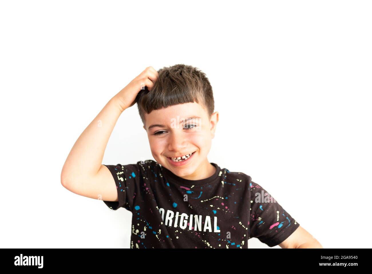 caucasian kid making hesitant gesture on white background Stock Photo ...