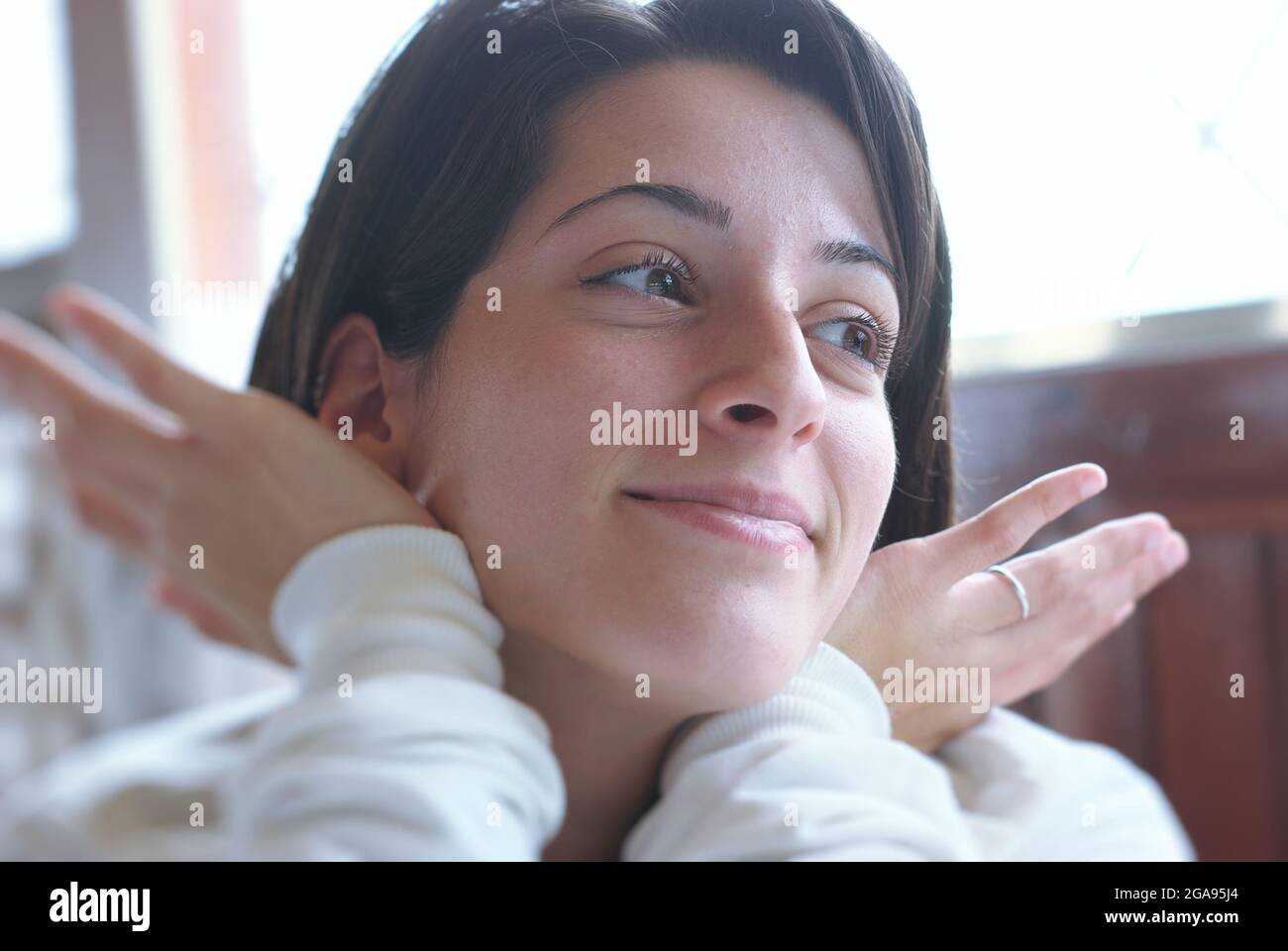 portrait female face teenager smiling with hand gestures Stock Photo ...