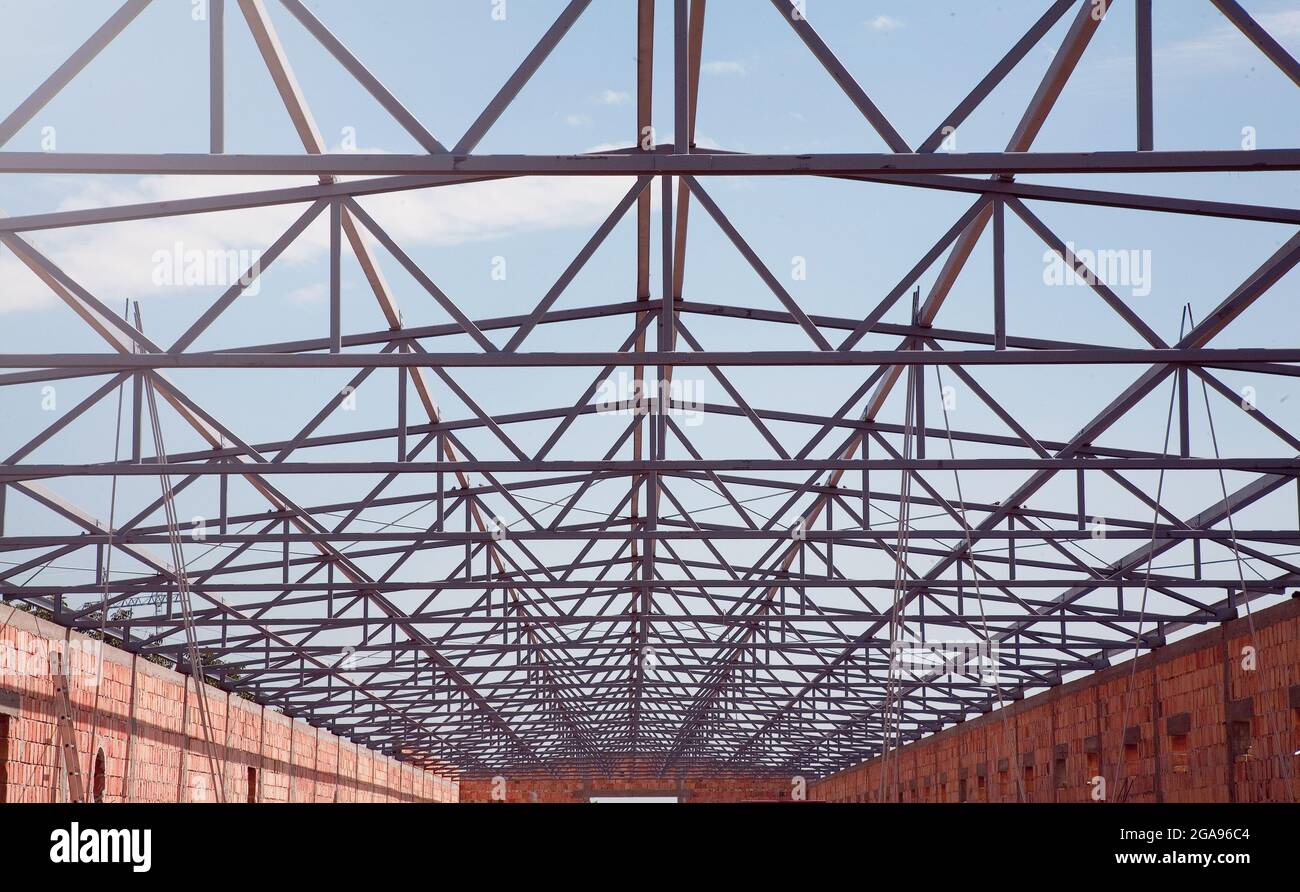 Iron Construction frame of industrial storage building under ...