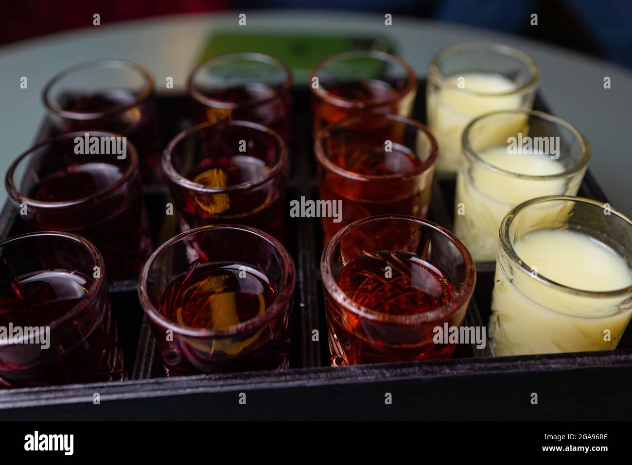 Assortment various hard and strong alcoholic drinks in different ...